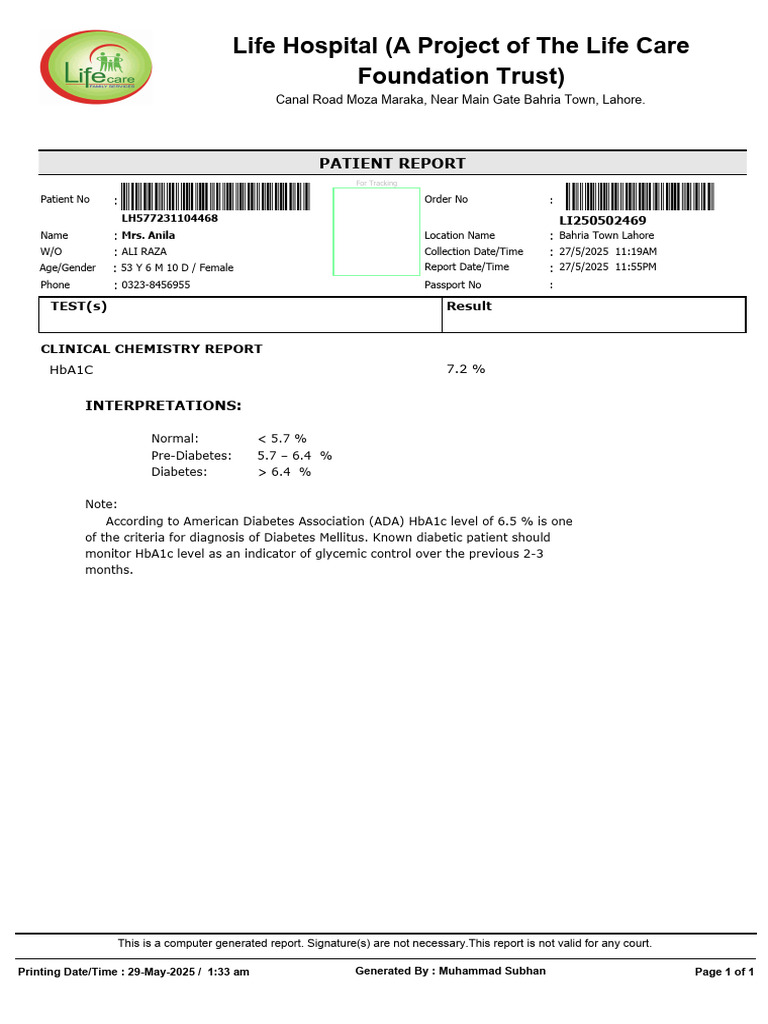 HbA1c Test Report for Mrs. Anila | PDF