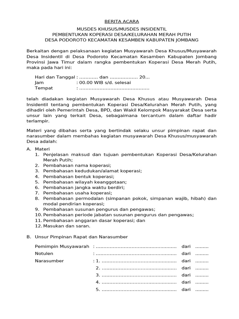 BA. Musdes Pendirian Kopdes Merah Putih-1 | PDF