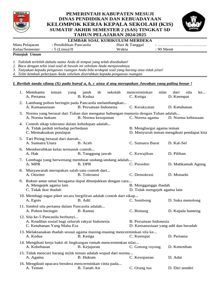 Soal Pendidikan Pancasila Sas Sem 2 | PDF