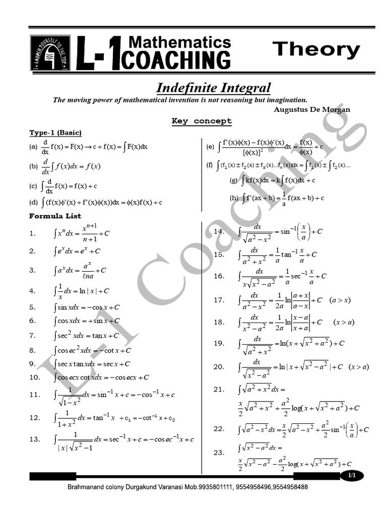 Class 12 Indefinite Integration Formulas | PDF | Number Theory ...
