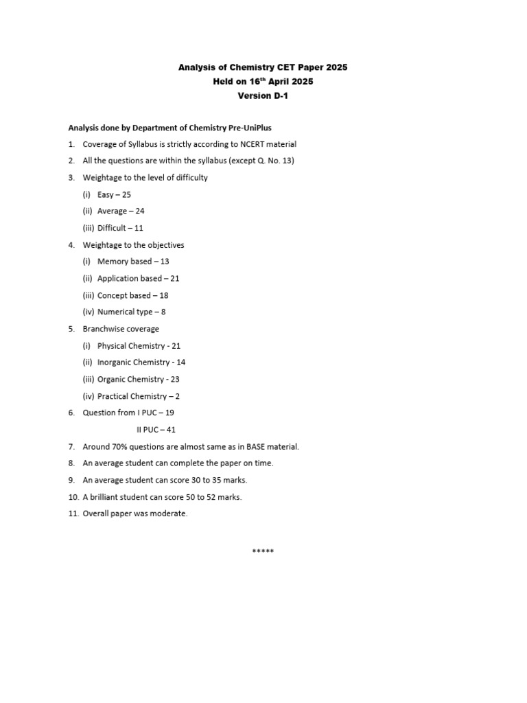 KCET 2025 Chemistry Paper Analysis | PDF