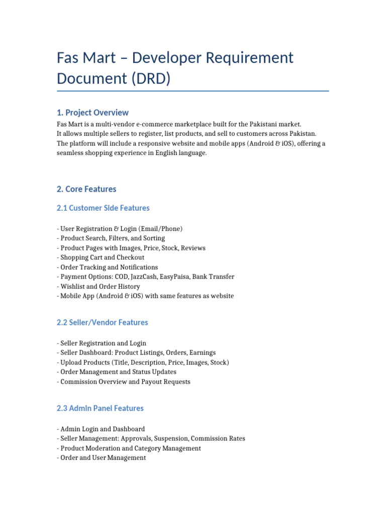 FasMart Developer Requirement Document | PDF