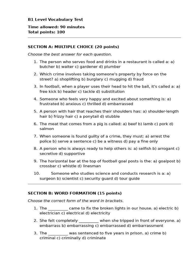B1 Vocabulary Test for English Learners | PDF | Burglary | Waiting Staff