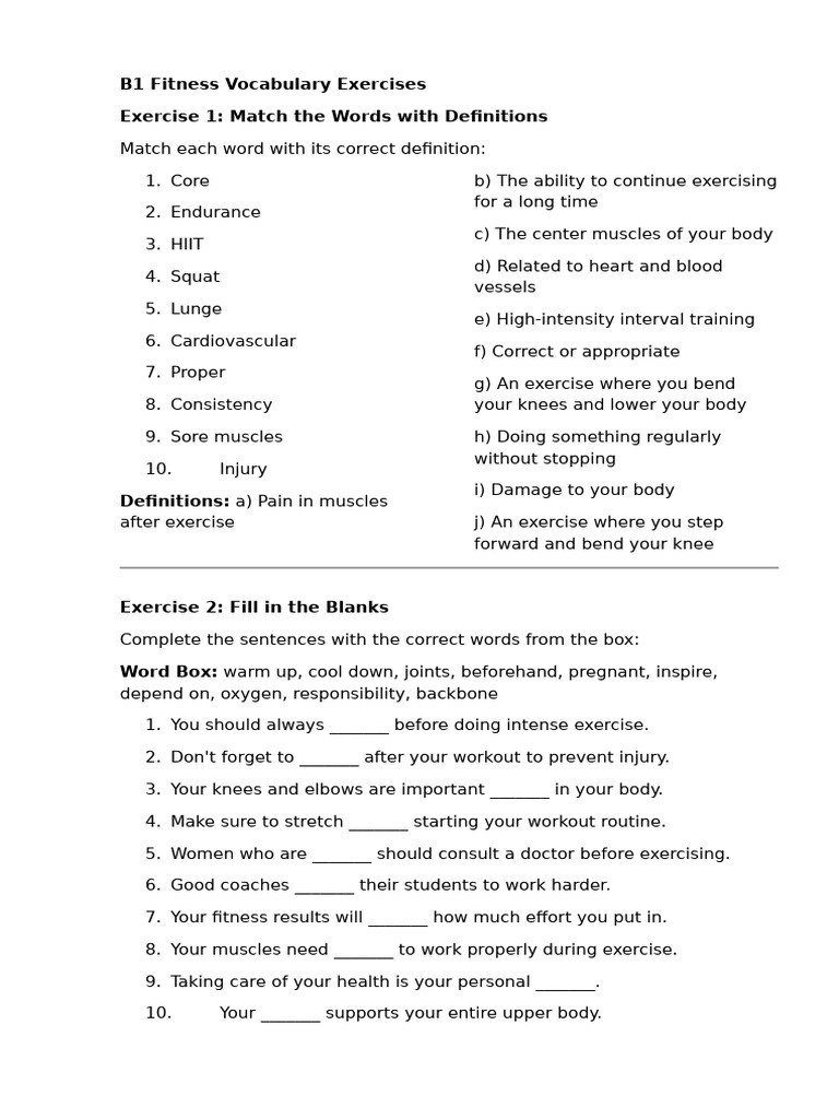B1 Fitness Vocabulary Exercises Guide | PDF | High Intensity Interval ...