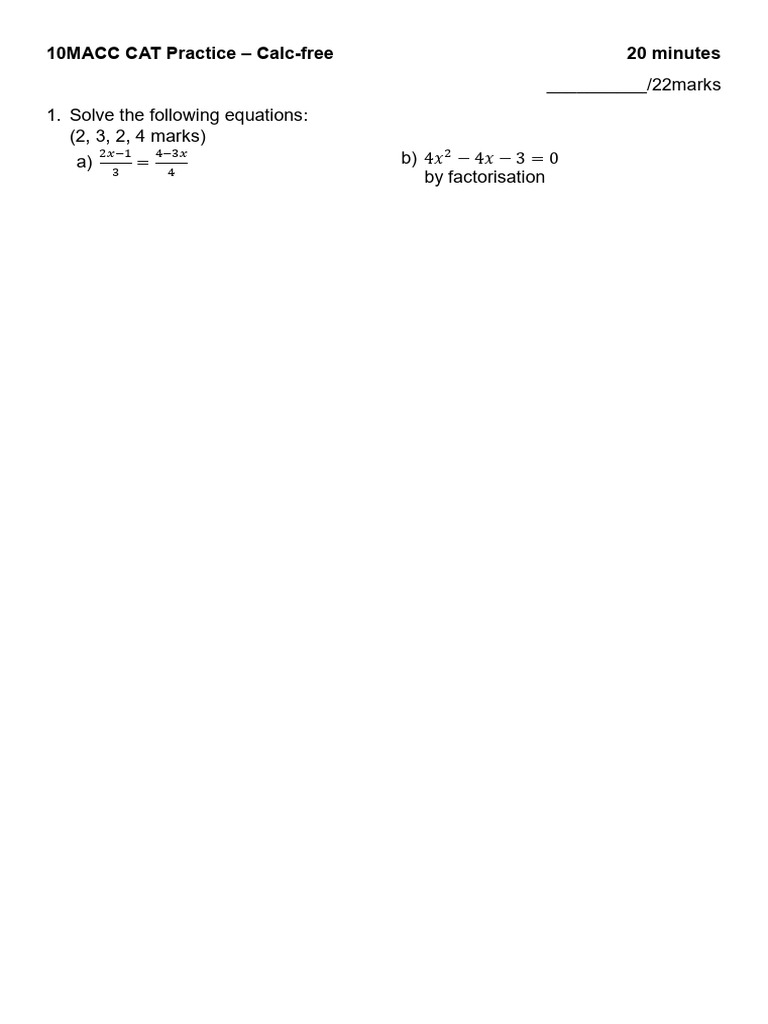 10MACC CAT Practice Sem1 - Calc-Free | PDF