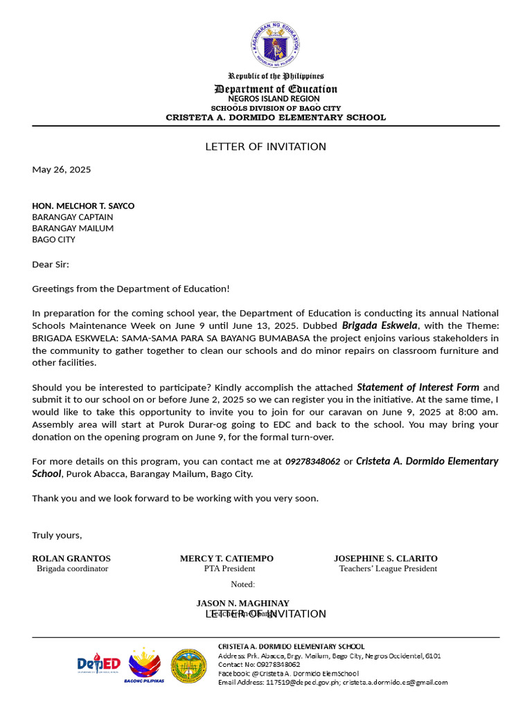 Brigada Eskwela 2025 Letters Barangay | PDF