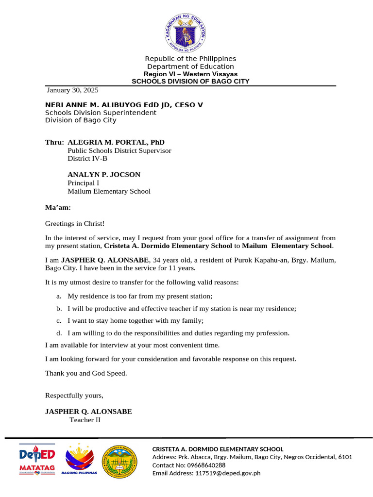 Application Letter For Transfer | PDF