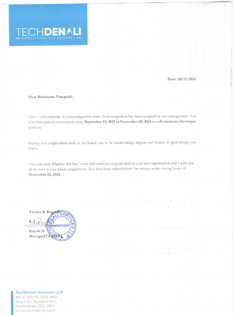 Manikanta Vanapalli - Experience & Relieving Letter | PDF