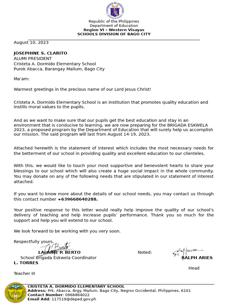 CADES-Brigada Eskwela Stakeholders Invitation Letter-2023 - Alumni Officers | PDF | Hygiene