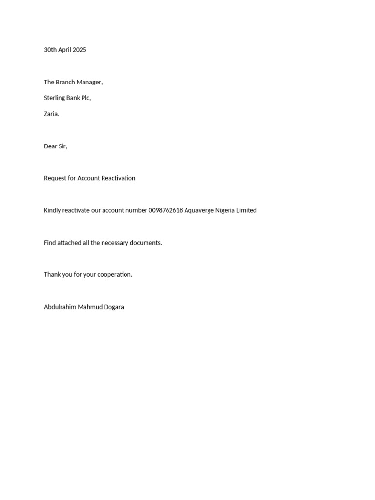 Account Reactivation Request Letter | PDF