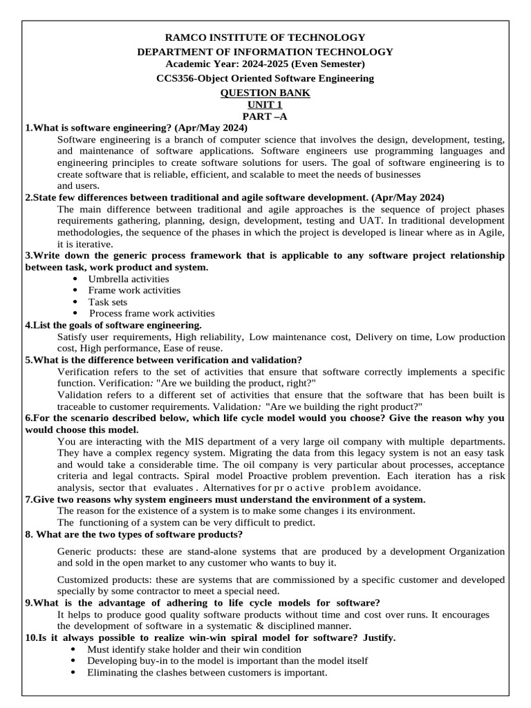 CCS356 - QB-Object Oriented Software Engineering | PDF | Agile Software Development | Software ...
