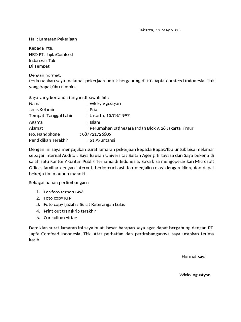 Surat Lamaran Kerja Japfa Comfeed Indonesia | PDF