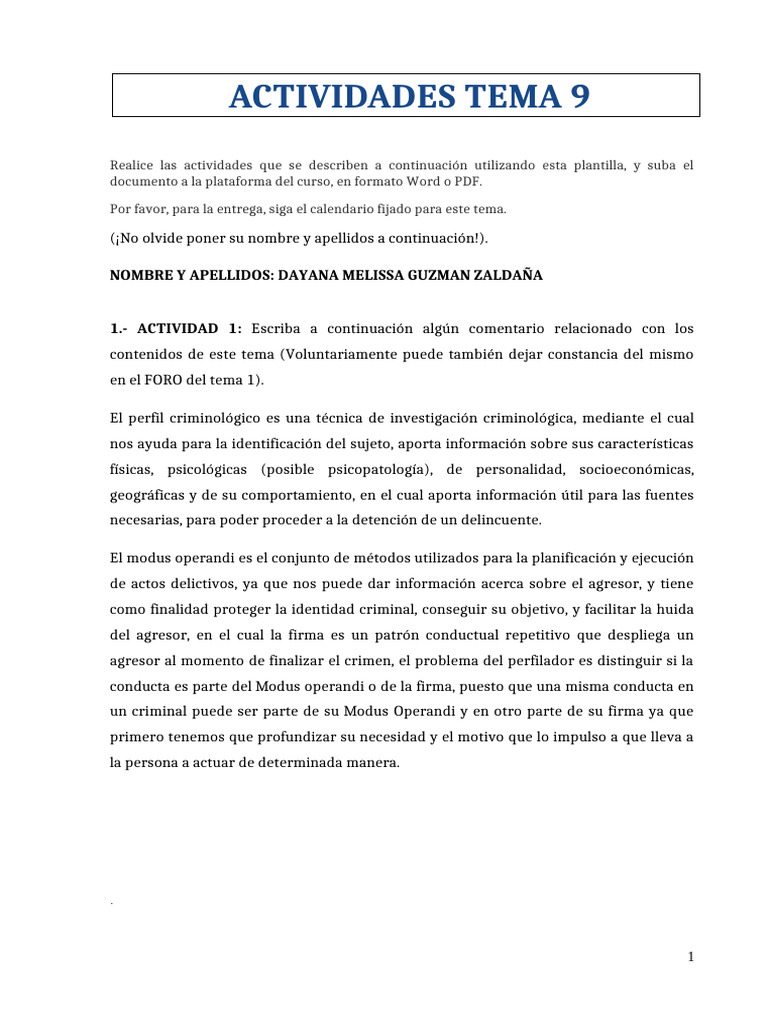 Actividades Tema 9 | PDF | Criminología | Perfil del delincuente