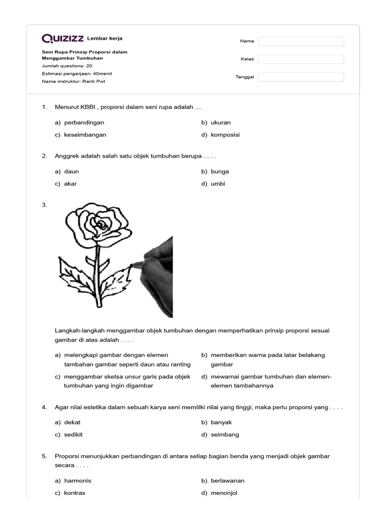 Seni Rupa Prinsip Proporsi Dalam Menggambar Tumbuhan - Quizizz | PDF