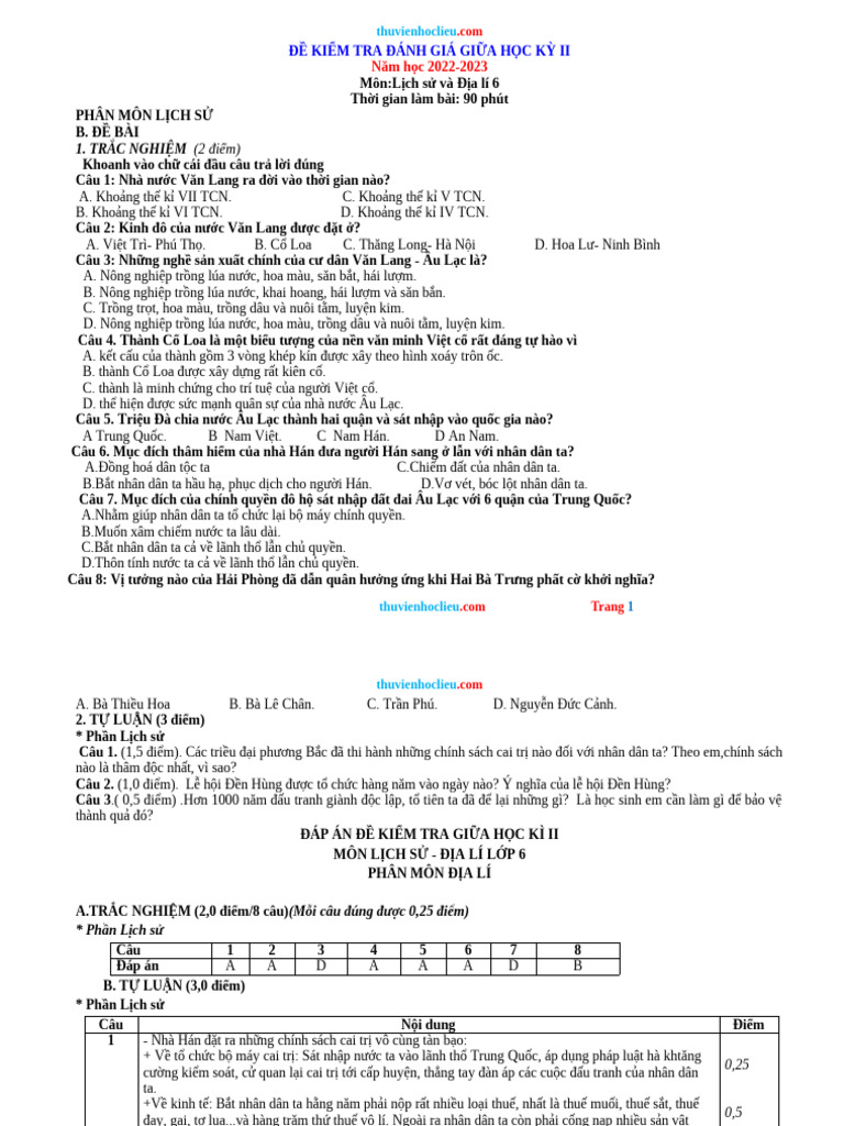 De On Tap Giua HK2 Lich Su Dia 6 KNTT Nam 22 23 | PDF