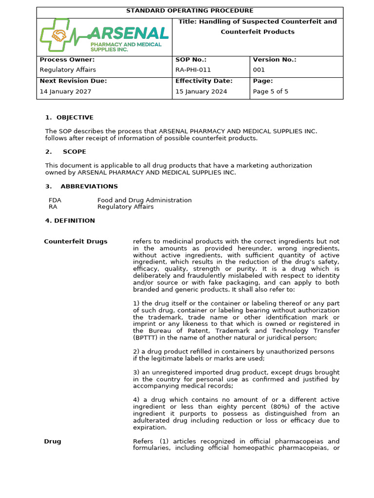 Handling of Suspected - Counterfeit Product SOP | PDF | Food And Drug ...