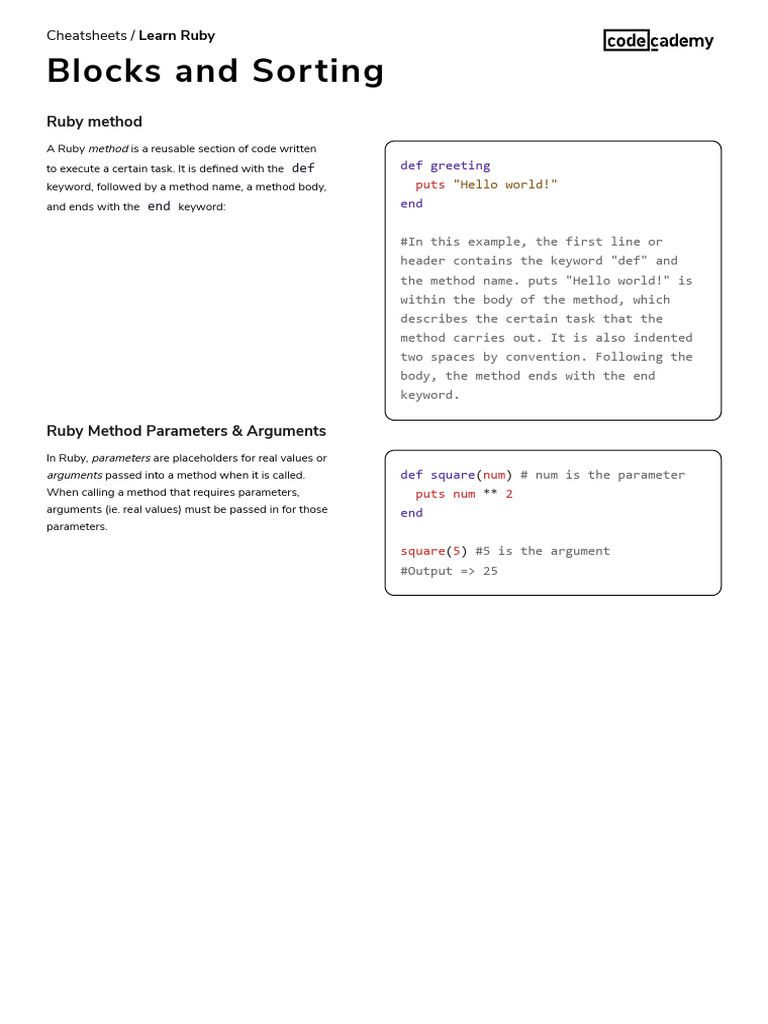Learn Ruby_ Blocks and Sorting Cheatsheet _ Codecademy | PDF | Parameter (Computer Programming ...