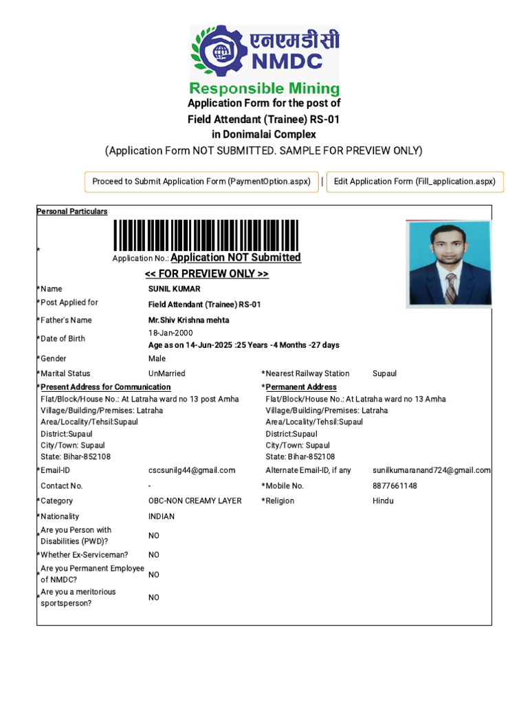 NMDC Field Attendant Trainee Application | PDF