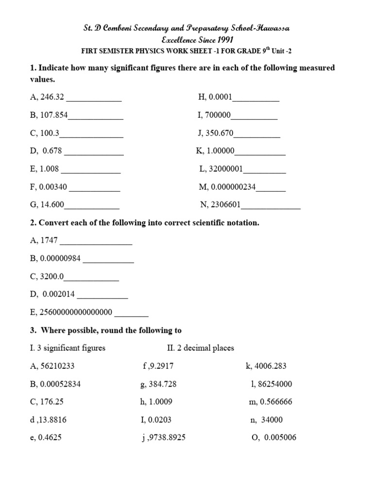Work Sheet - 1 For G-9 | PDF | Significant Figures | Mathematical Notation