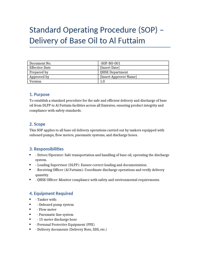 SOP Delivery Base Oil Al Futtaim | PDF | Oil Tanker | Pump