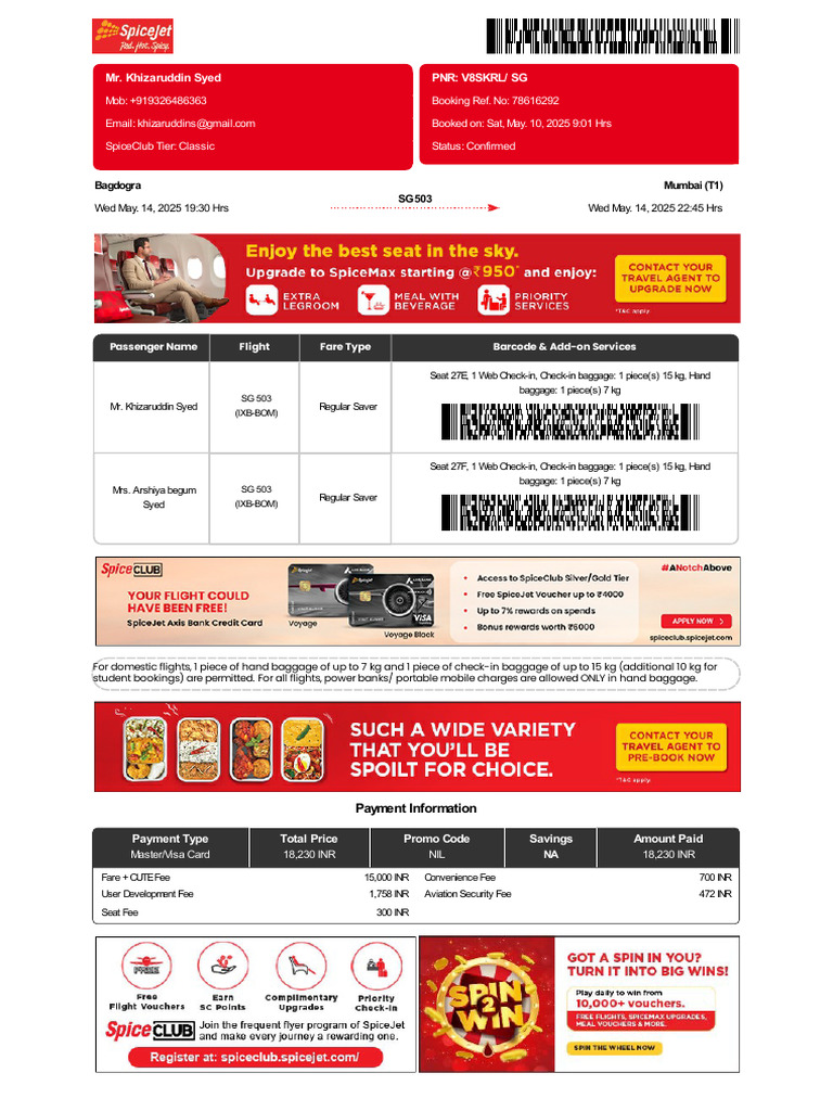 SpiceJet - E-Ticket - PNR - V8SKRL 14 May 2025 Bagdogra-Mumbai For MR ...