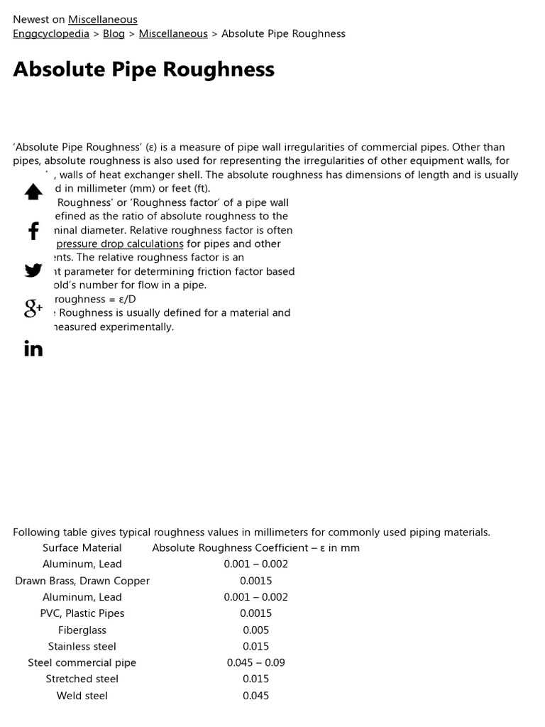Absolute Pipe Roughness - Enggcyclopedia | PDF | Pipe (Fluid Conveyance ...