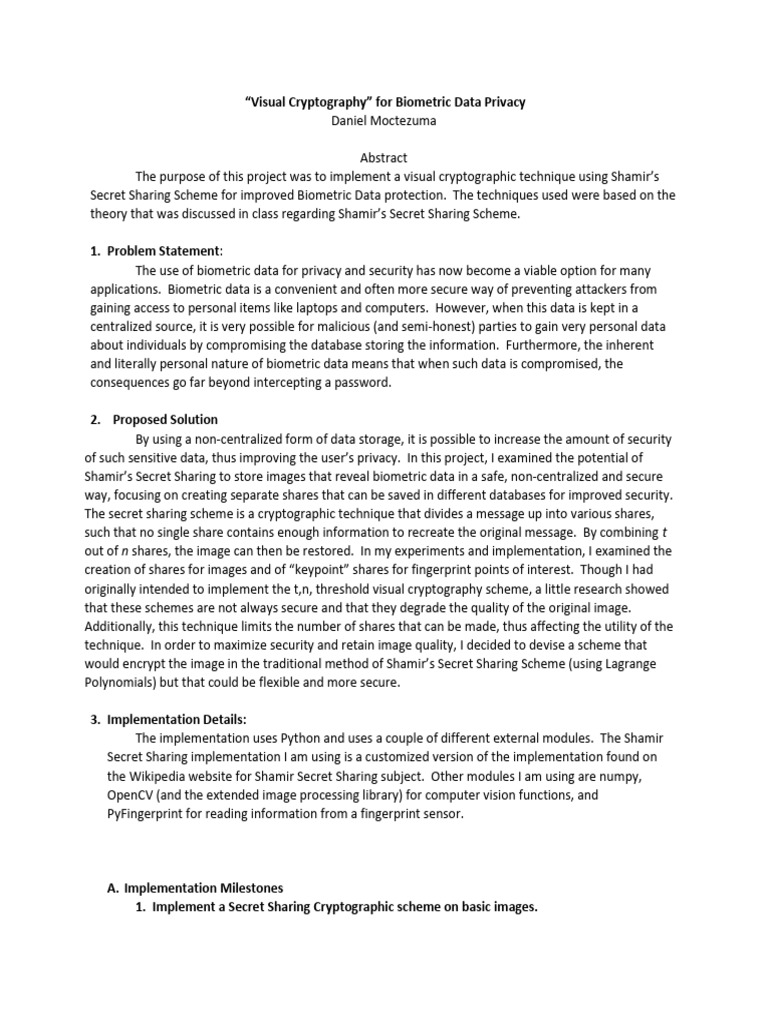 Visual Cryptography For Biometric Data | PDF | Biometrics | Cryptography