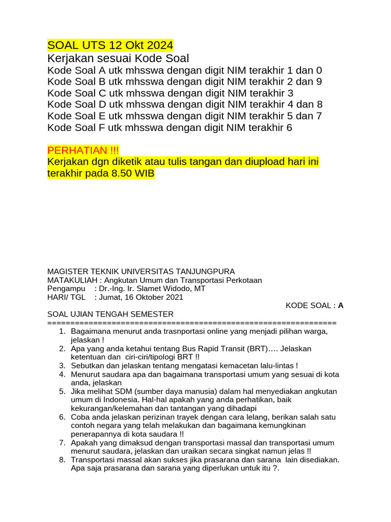 Soal UTS 12 Oktober 2024 s2 Sistm Angktn Umum N Urban Planning | PDF
