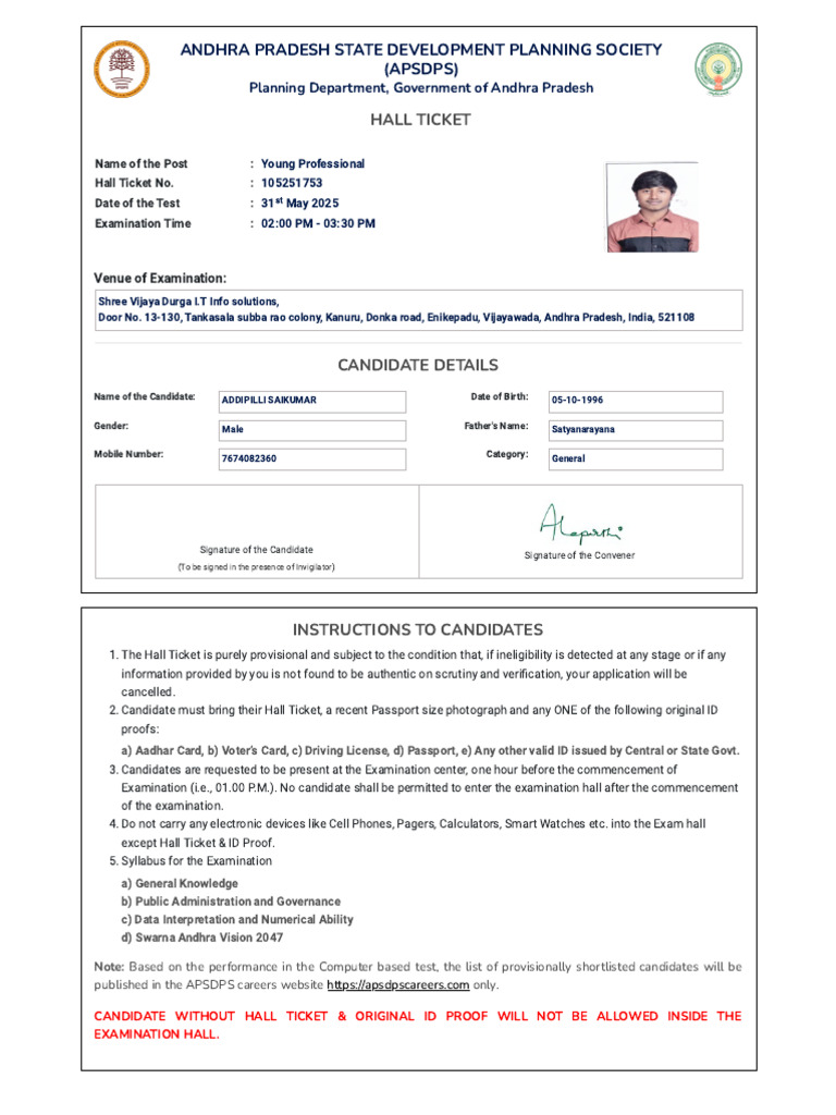 APSDPS Young Professional Hall Ticket | PDF