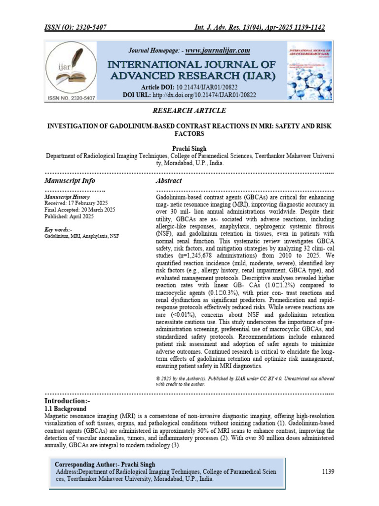 Investigation of Gadolinium-Based Contrast Reactions in Mri: Safety and ...