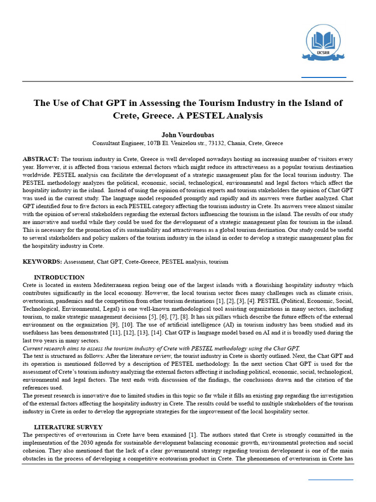 The Use of Chat GPT in Assessing The Tourism Industry in The Island of Crete, Greece. A PESTEL ...