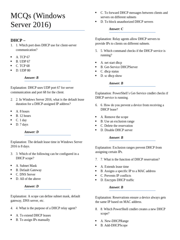 Windows Server 2016 MCQs With Explanations | PDF | Domain Name System | File Transfer Protocol