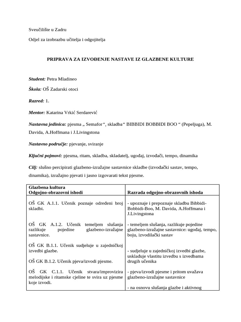 Priprava Za Izvođenje Sata Glazbene Kulture Izmjene | PDF