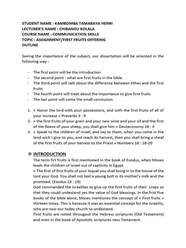 Assignment First Fruits Offering | PDF | Book Of Exodus | Bible