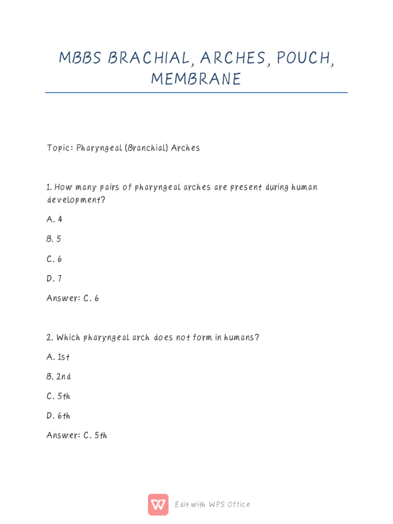MBBS Embryology MCQ On Pharyngeal Arches Slide | PDF | Human Nose | Tongue