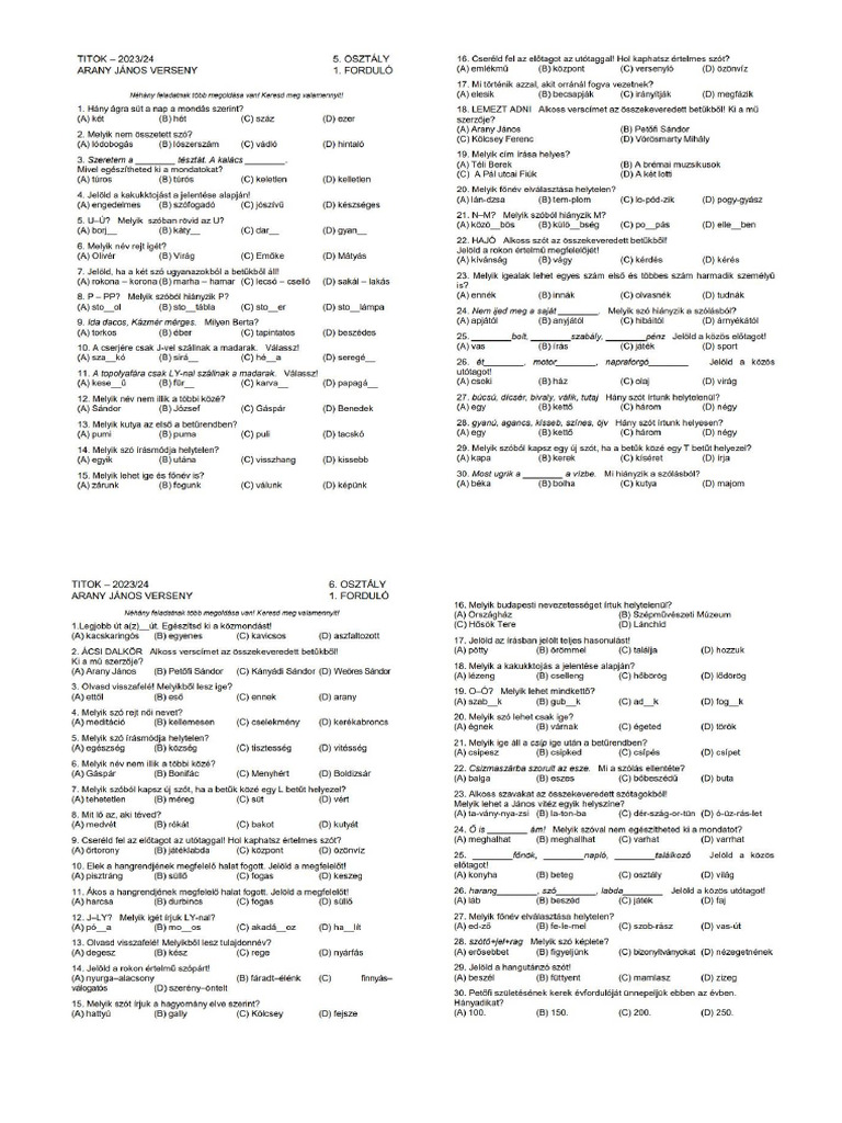 Arany J. Verseny 5.-6. Osztály Megoldásokkkal | PDF