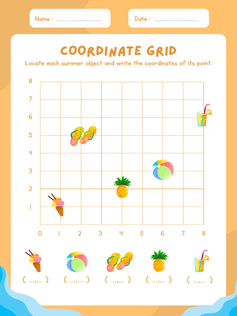 Summer Theme Coordinate Grid Worksheet in Yellow Colorful Illustrative ...
