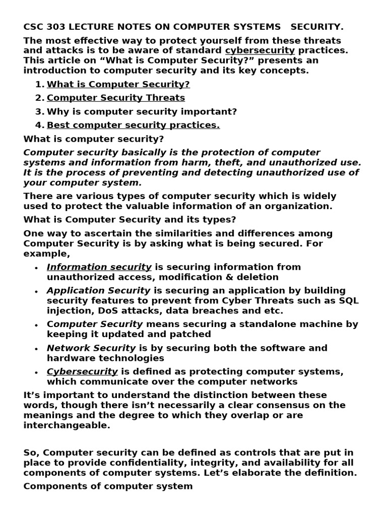 CSC 303 Lecture Notes On Systems Security | PDF | Security | Computer ...