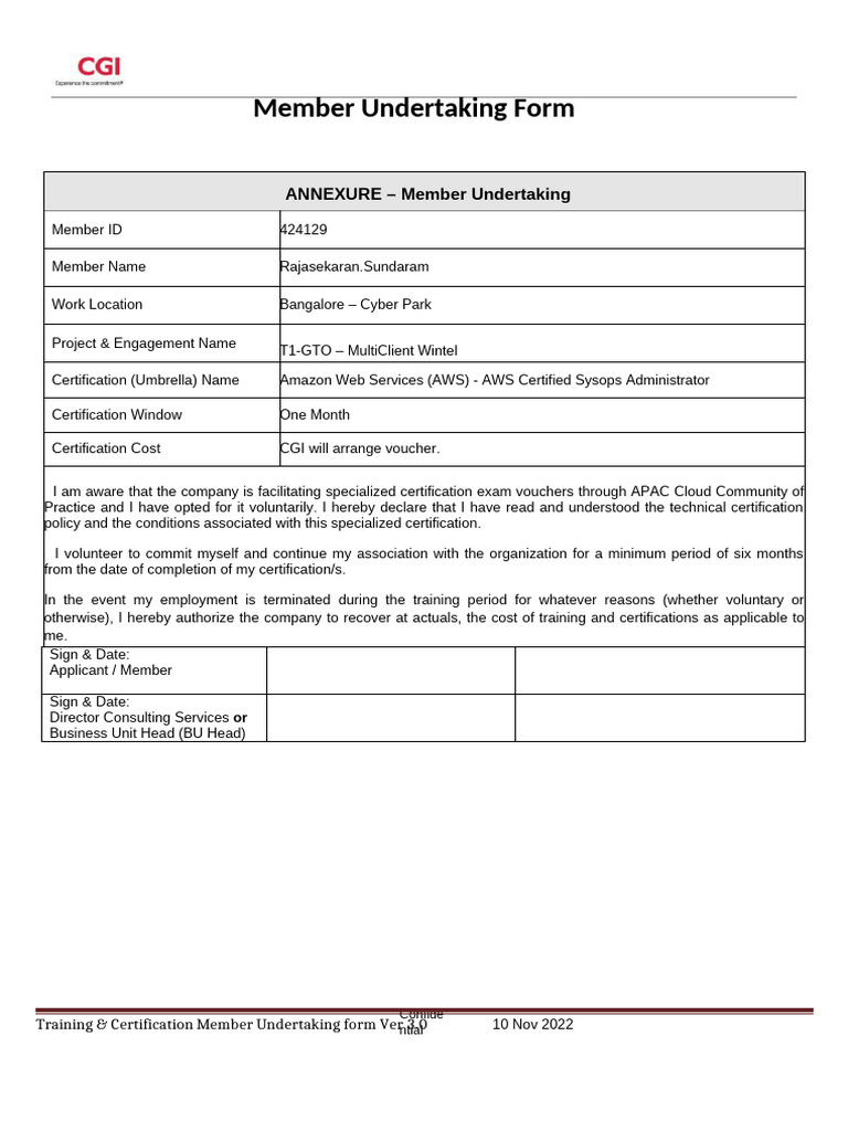 Training and Certification Member Under Taking Form Ver 3 0-AWS | PDF