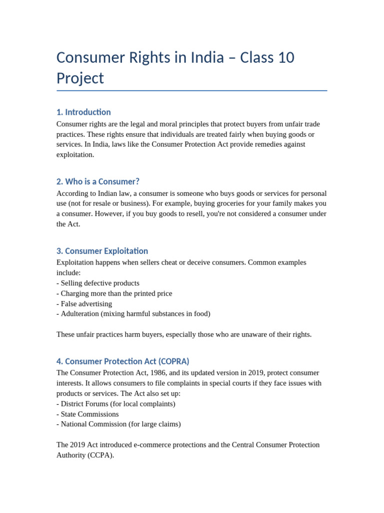 Consumer Rights Class 10 Project | PDF | Consumer Protection