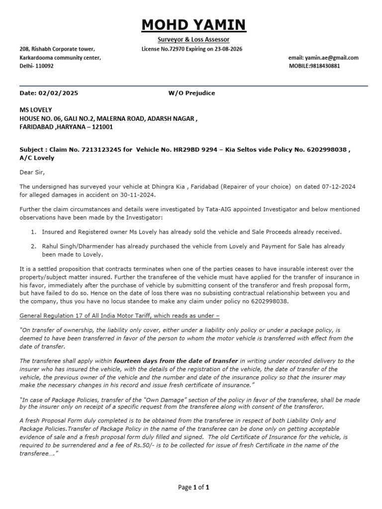 HR29BD 9294 - Letter To Insured | PDF | Insurance | Common Law