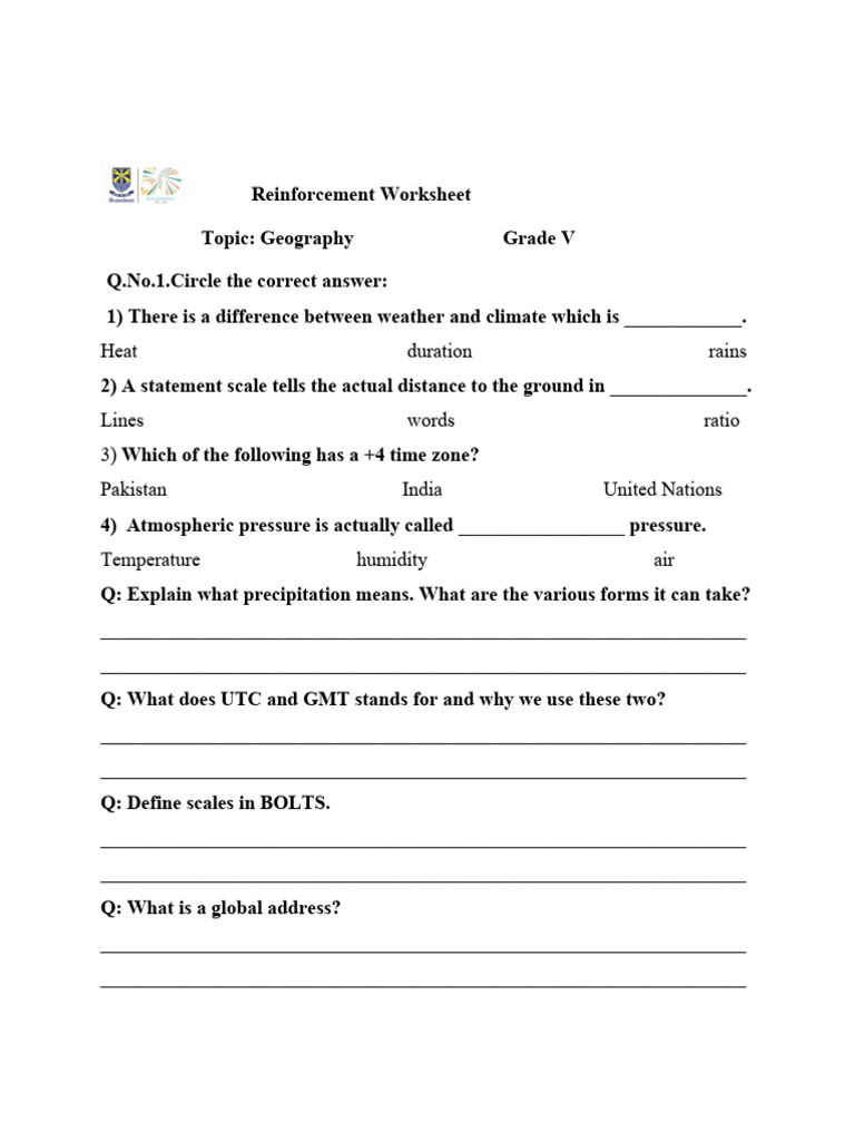 Geography Reinforcement Worksheet for Grade V | PDF
