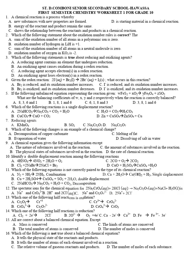 Grade 10 Chemistry Worksheet 1 | PDF | Redox | Chemical Reactions