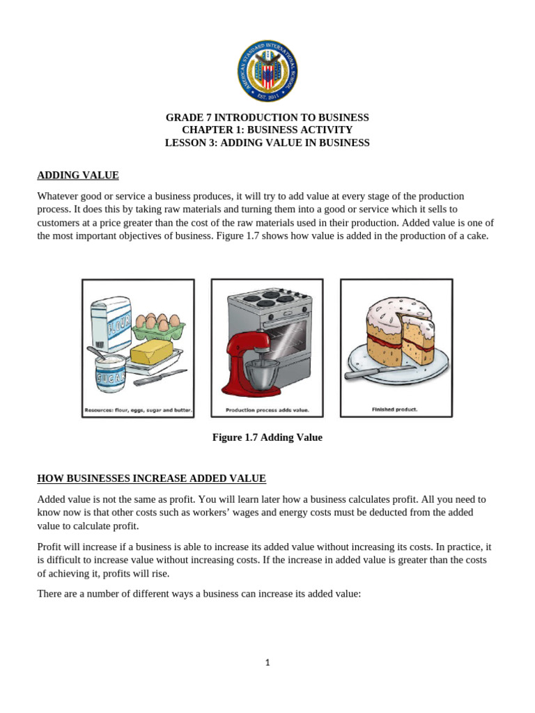 Grade 7 Introduction To Business Handout-Chapter 1-Lesson 3-Added Value ...