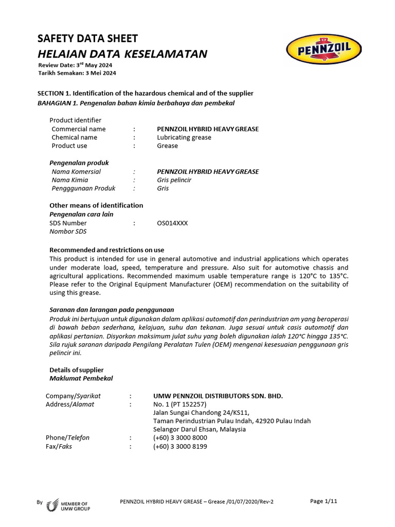 Sds Pennzoil Hybrid Heavy Grease Rev02 | PDF