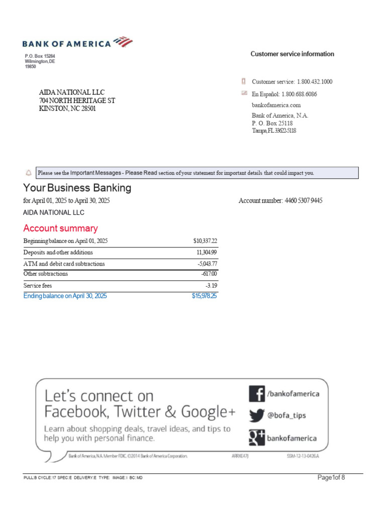 Aida National Llc-Boa April Statement 2025 | PDF | Credit Card | Deposit Account