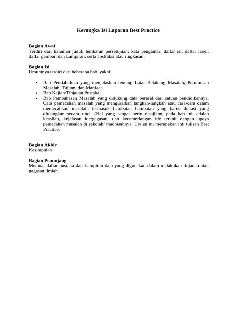 Kerangka Isi Laporan Best Practice | PDF