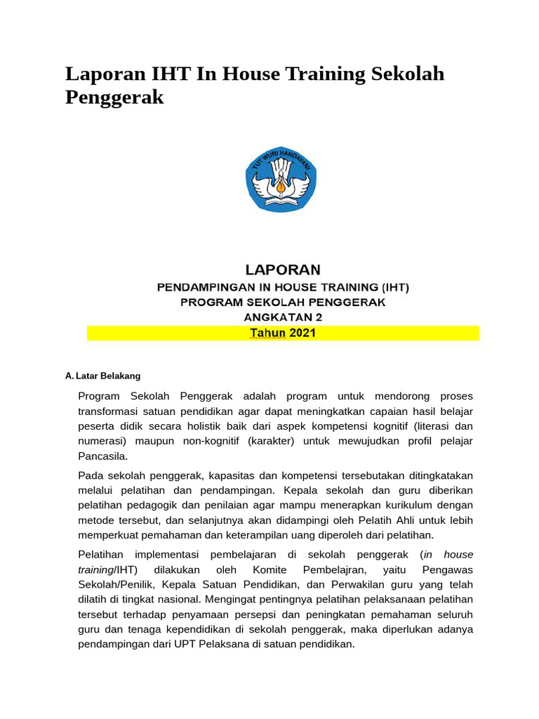 Laporan Pendampingan IHT Sekolah Penggerak | PDF