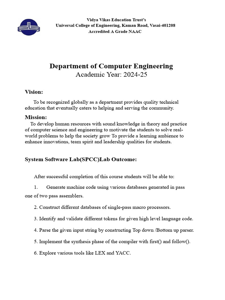 SPCC Vision Mission Pages | PDF | Compiler | Computer Programming