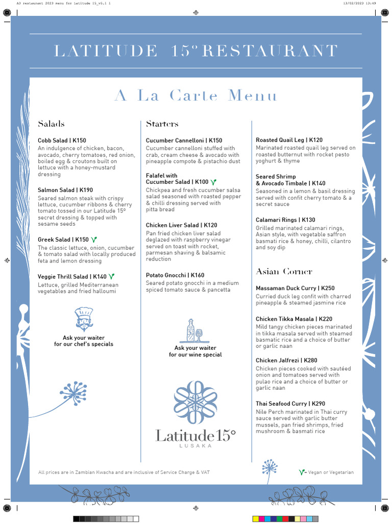 Latitude 15 Restaurant Menu Overview | PDF | Salad | Desserts